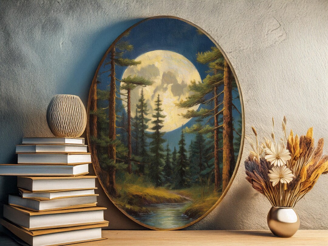 Full Moon Pine Tree Forest Wood, Vintage Landscape Oil Painting Print ...