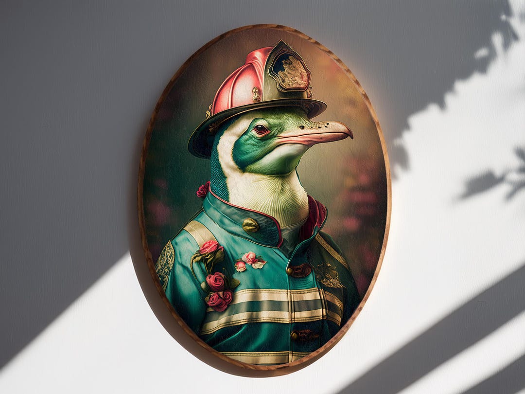 Firefighter Penguin Art on Wooden Print, Rustic Penguin Wall Decor ...