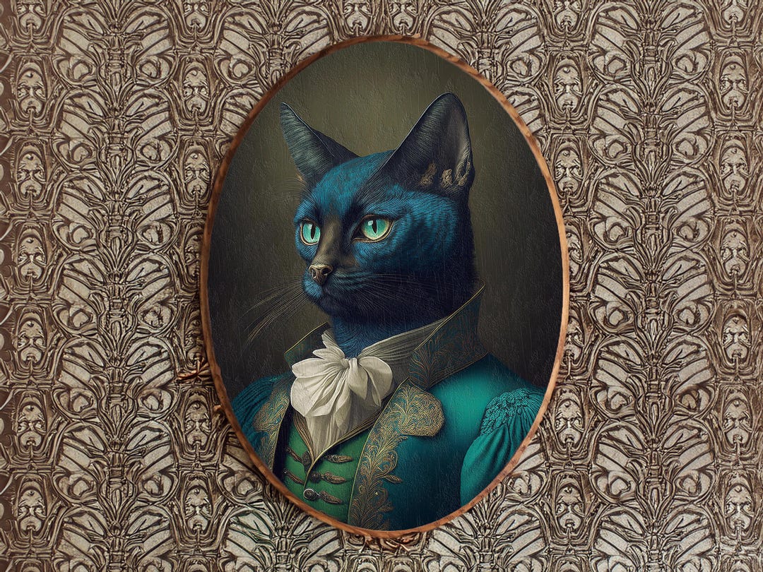 Blue Cat Victorian Portrait Wood Print Wall Decor - Cottagecore Style ...