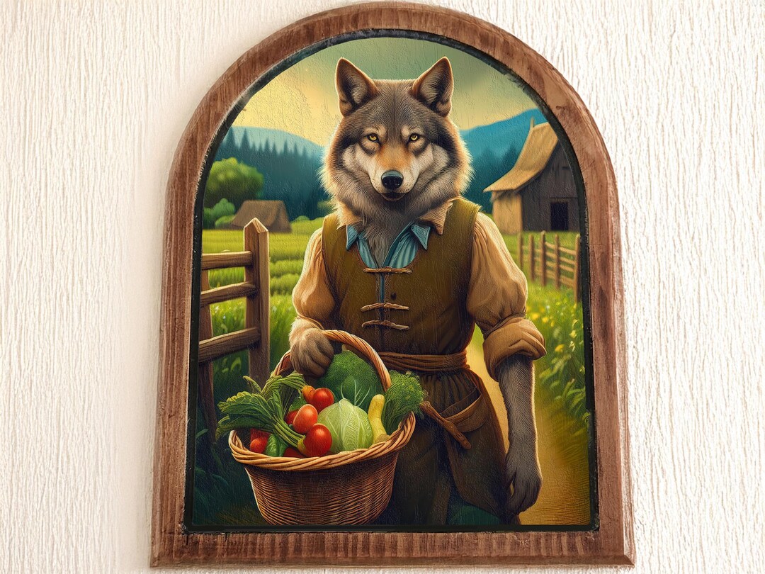 Medieval Wolf With Vegetable Basket Wooden Wall Art, Cottagecore Decor ...