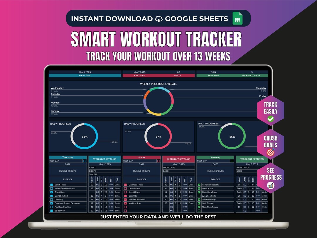 Workout Planner Google Sheets Dark Exercise Tracker Spreadsheet Fitness ...