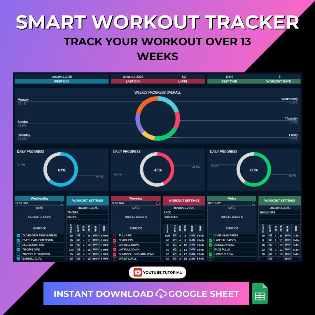 Workout Planner Google Sheets Dark Exercise Tracker Spreadsheet Fitness ...