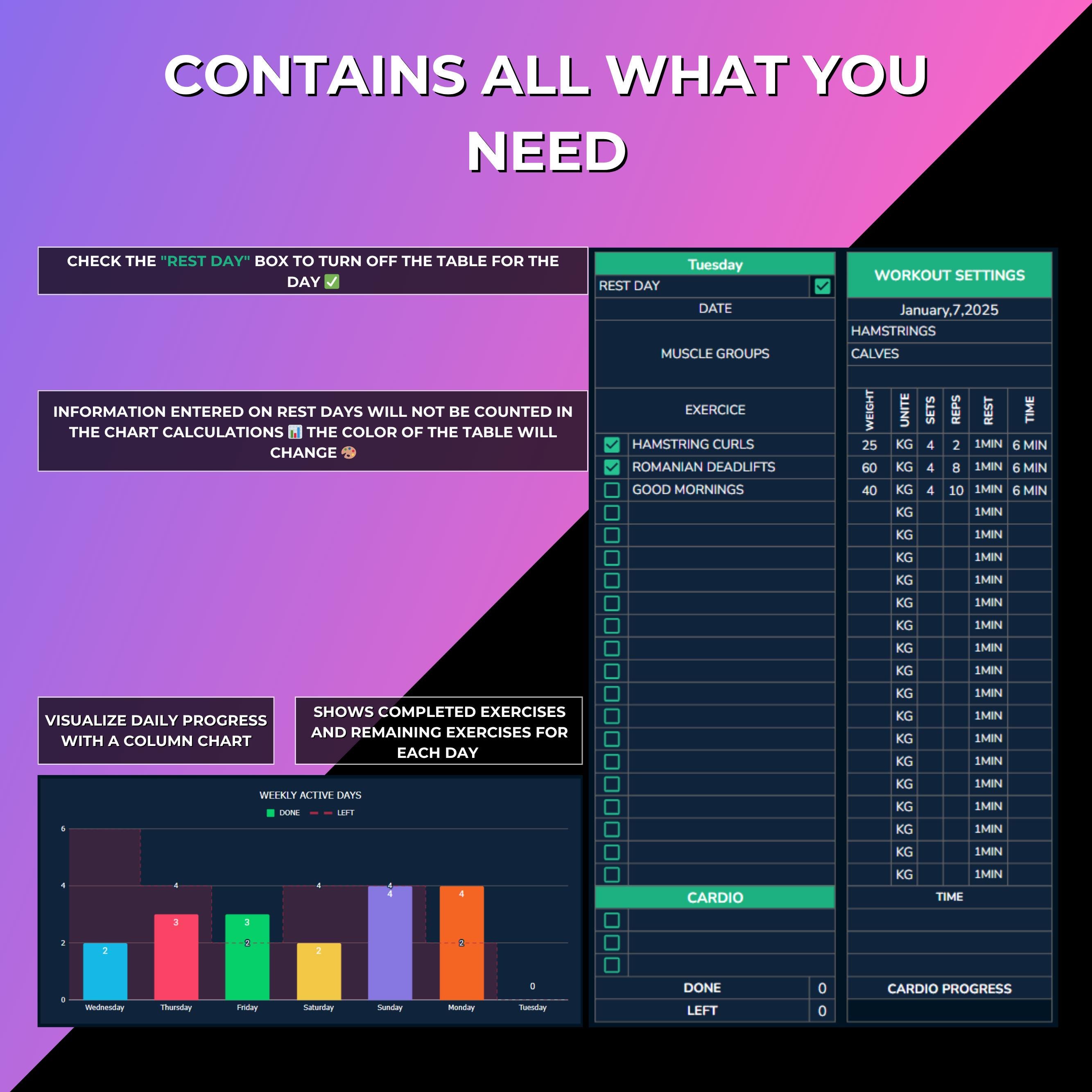 Workout Planner Google Sheets Dark Exercise Tracker Spreadsheet Fitness ...