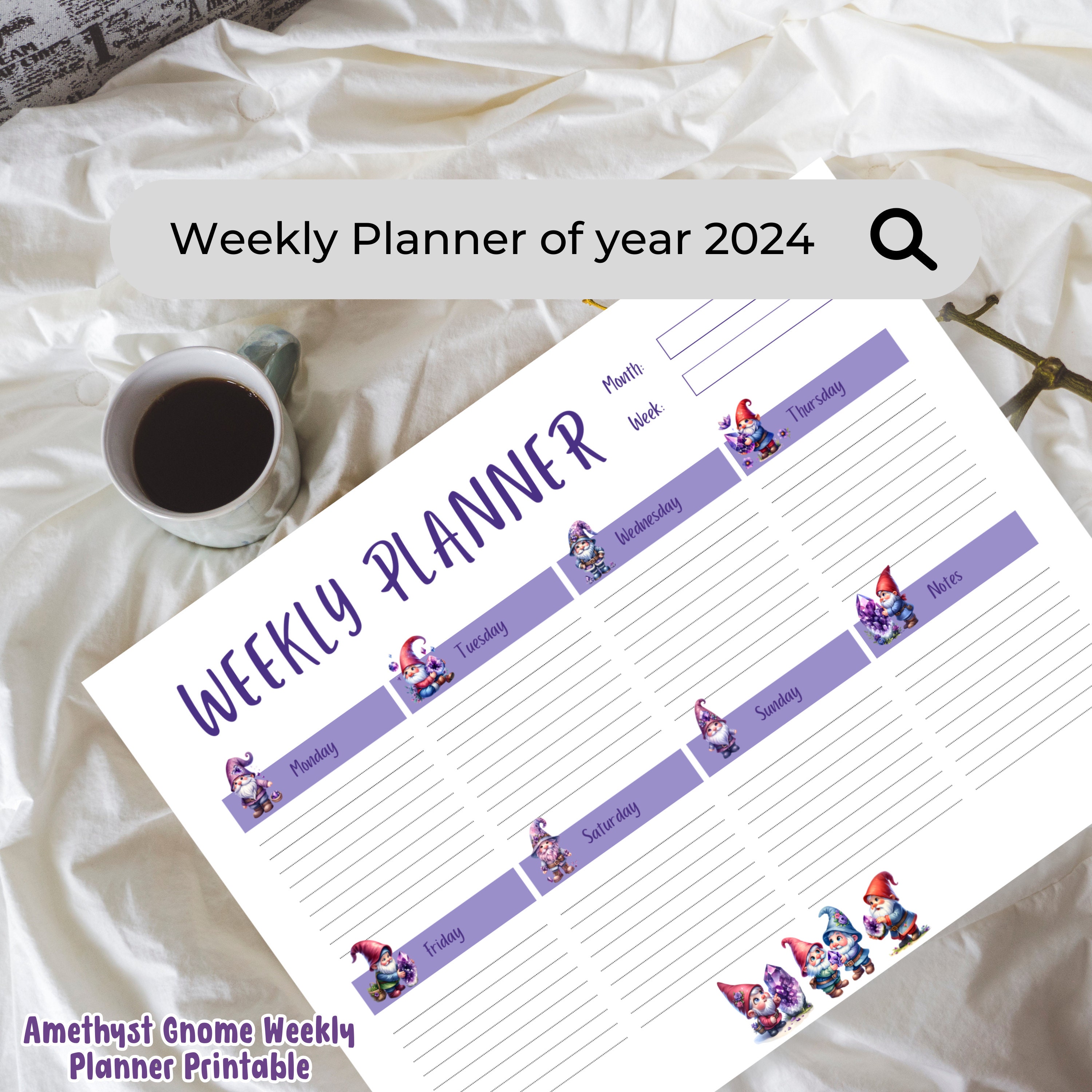 Amethyst Gnome Weekly Planner Printable Cute Gnome Themed PDF Planner ...