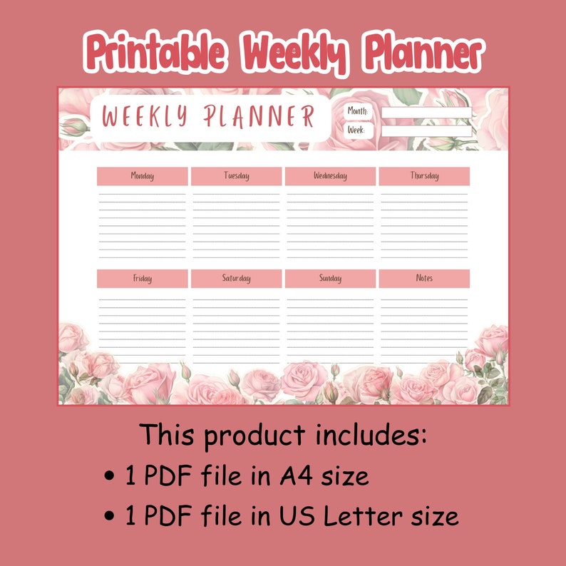 Printable Weekly Planner 2024 Elegant Pink Roses Design, PDF Instant ...