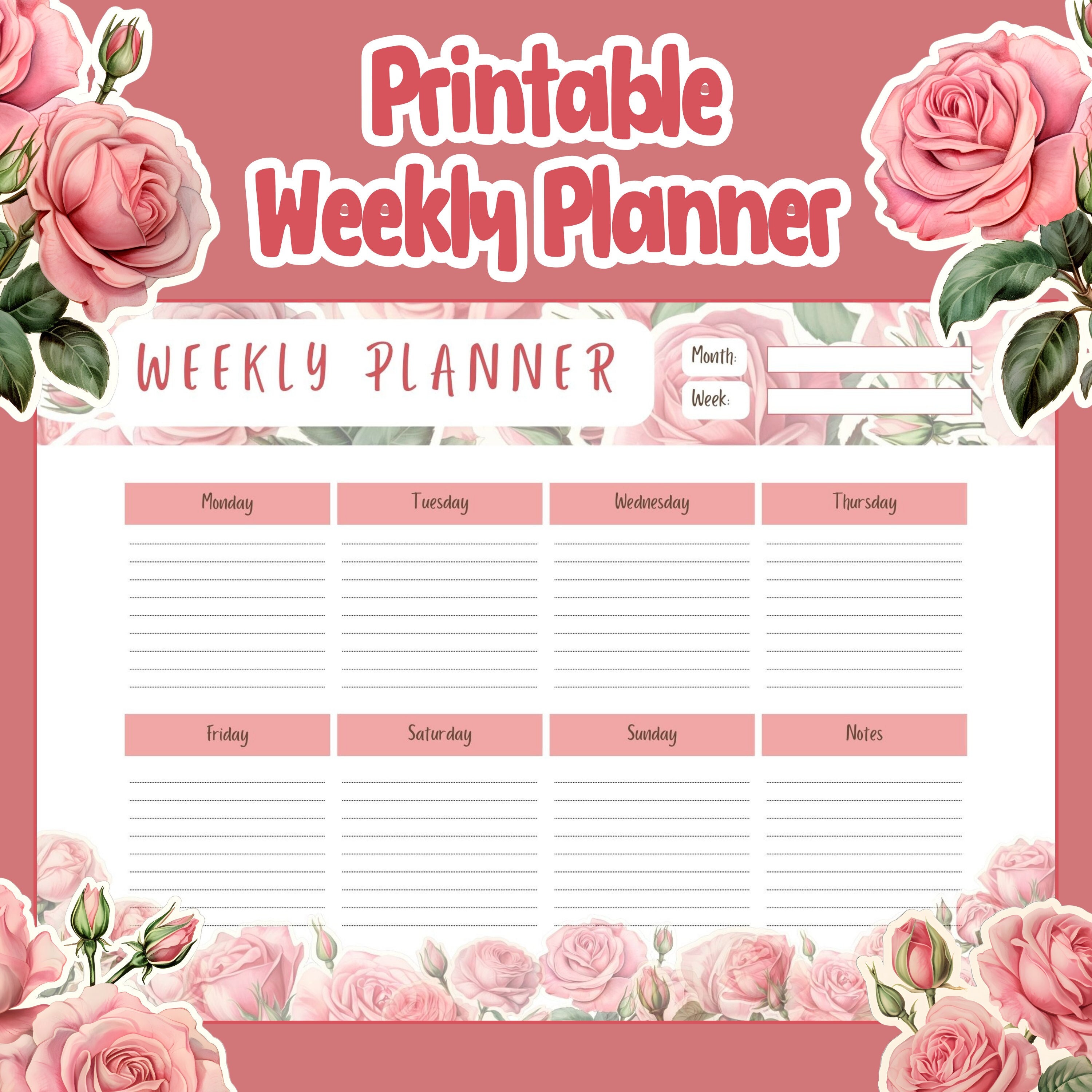 Printable Weekly Planner 2024 Elegant Pink Roses Design, PDF Instant ...