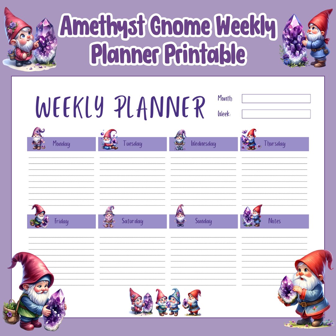 Amethyst Gnome Weekly Planner Printable - Cute Gnome Themed PDF Planner ...