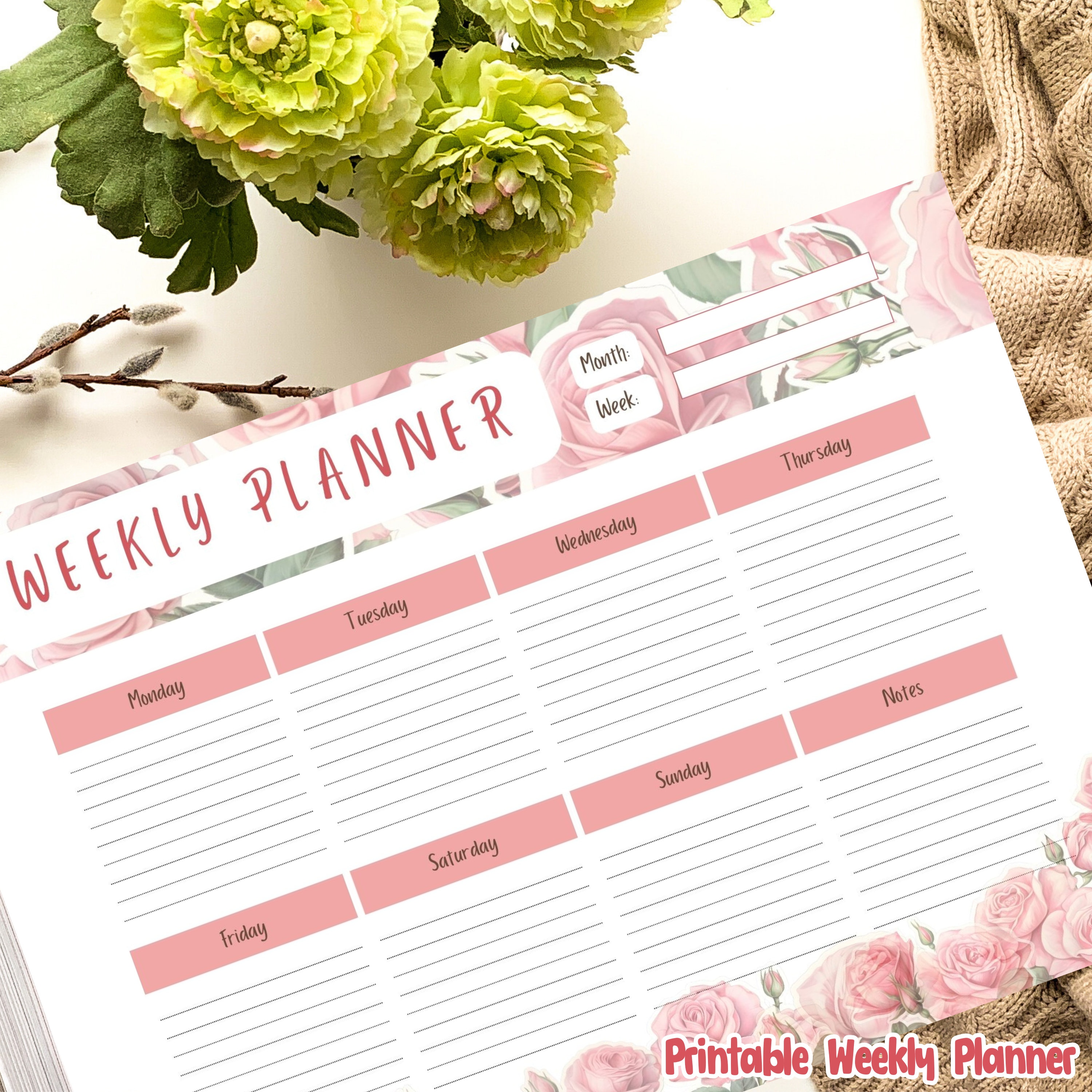 Printable Weekly Planner 2024 Elegant Pink Roses Design, PDF Instant ...