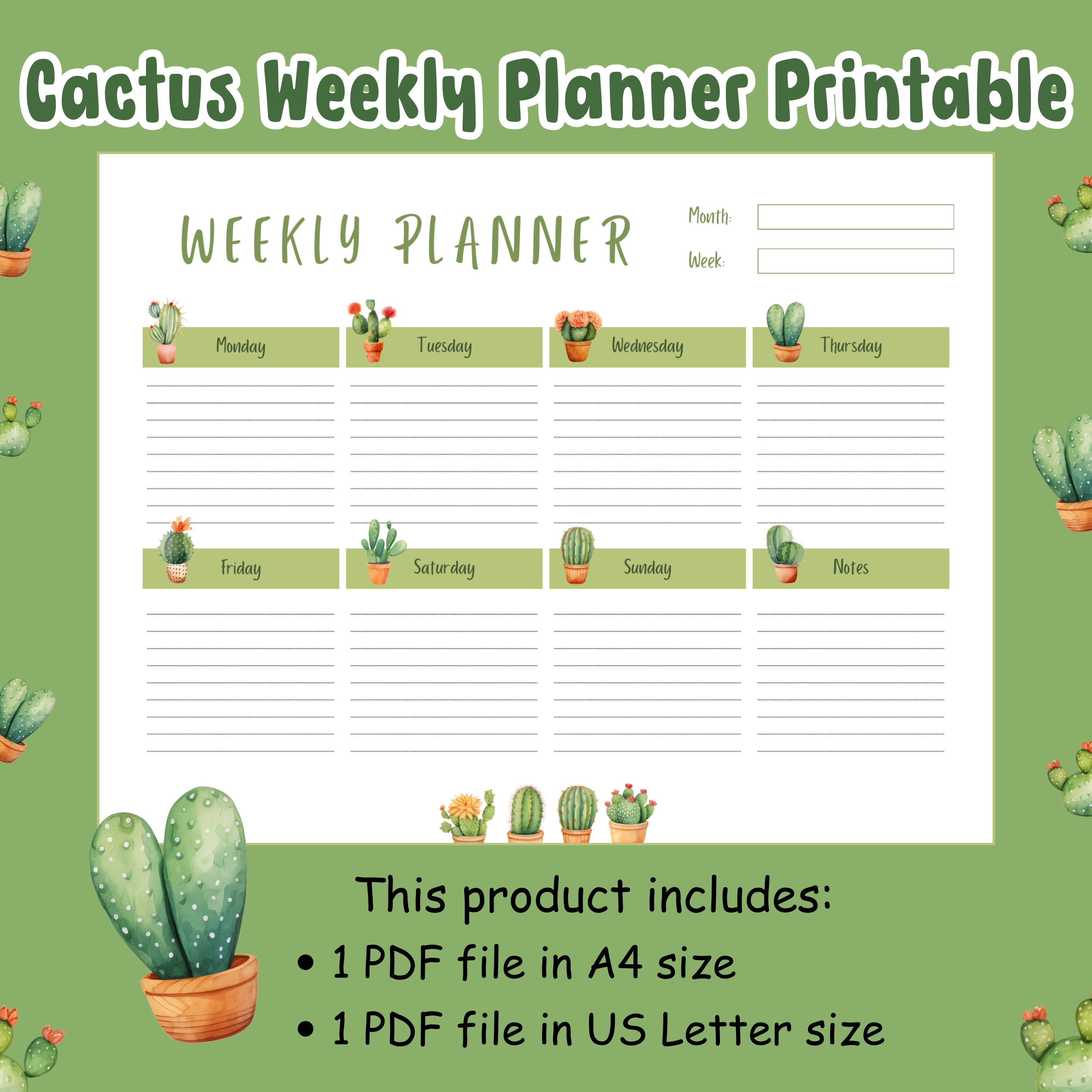 Cactus Weekly Planner Printable - Instant Download PDF, Modern ...