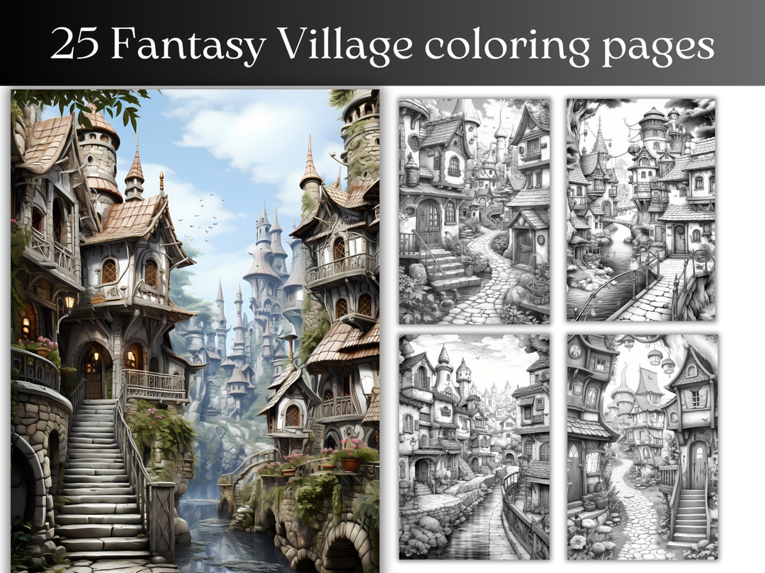 25 Fantasy Village Coloring Pages: Grayscale Illustrations (printable ...