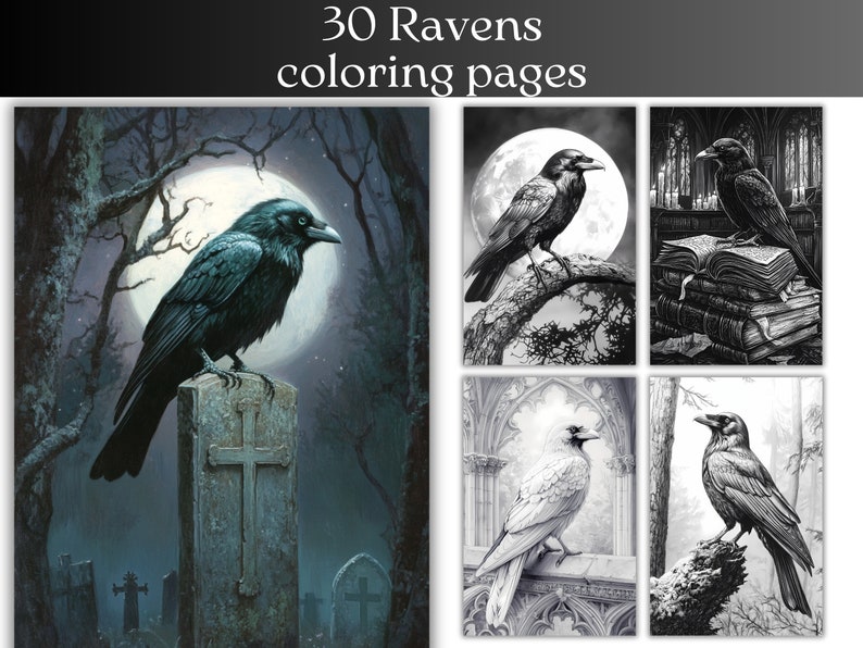 30 Ravens Grayscale Coloring Pages Gothic Ravens Coloring Book ...