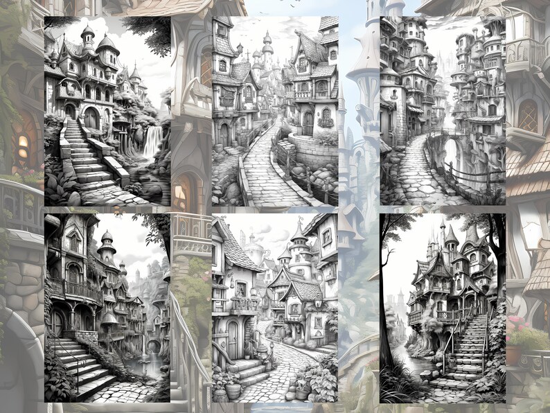 25 Fantasy Village Coloring Pages: Grayscale Illustrations (printable ...