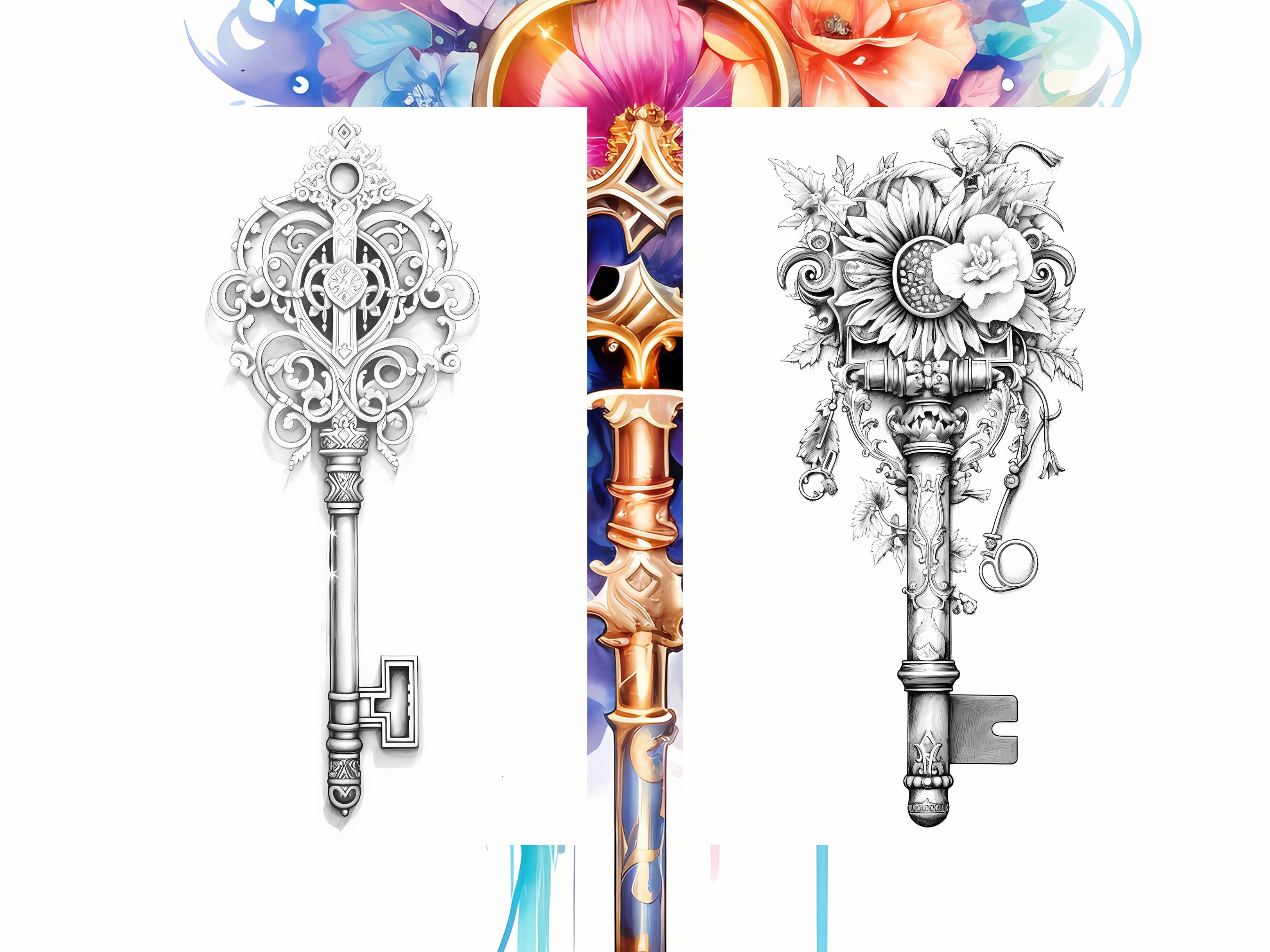 30 Fantasy Key Coloring Pages for Adults Coloring Book Greyscale Sheets ...