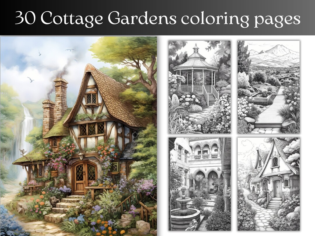 Cottage Gardens Grayscale Coloring Pages: 30 Printable Illustrations ...