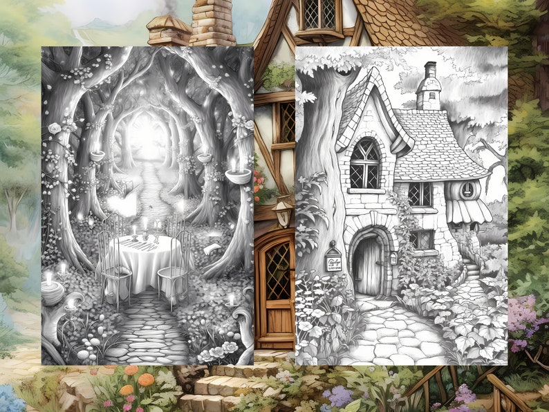 Cottage Gardens Grayscale Coloring Pages: 30 Printable Illustrations ...
