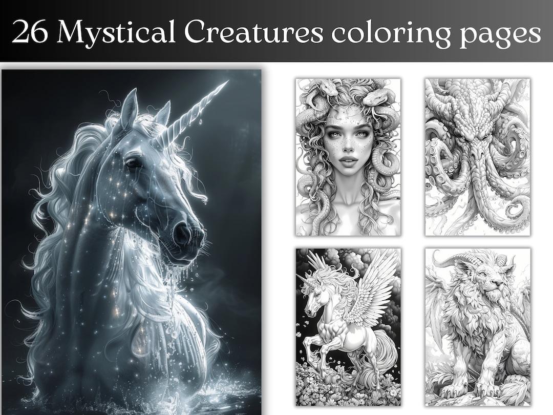 26 Mythical Creatures Set for Adults Grayscale Coloring Pages Printable ...
