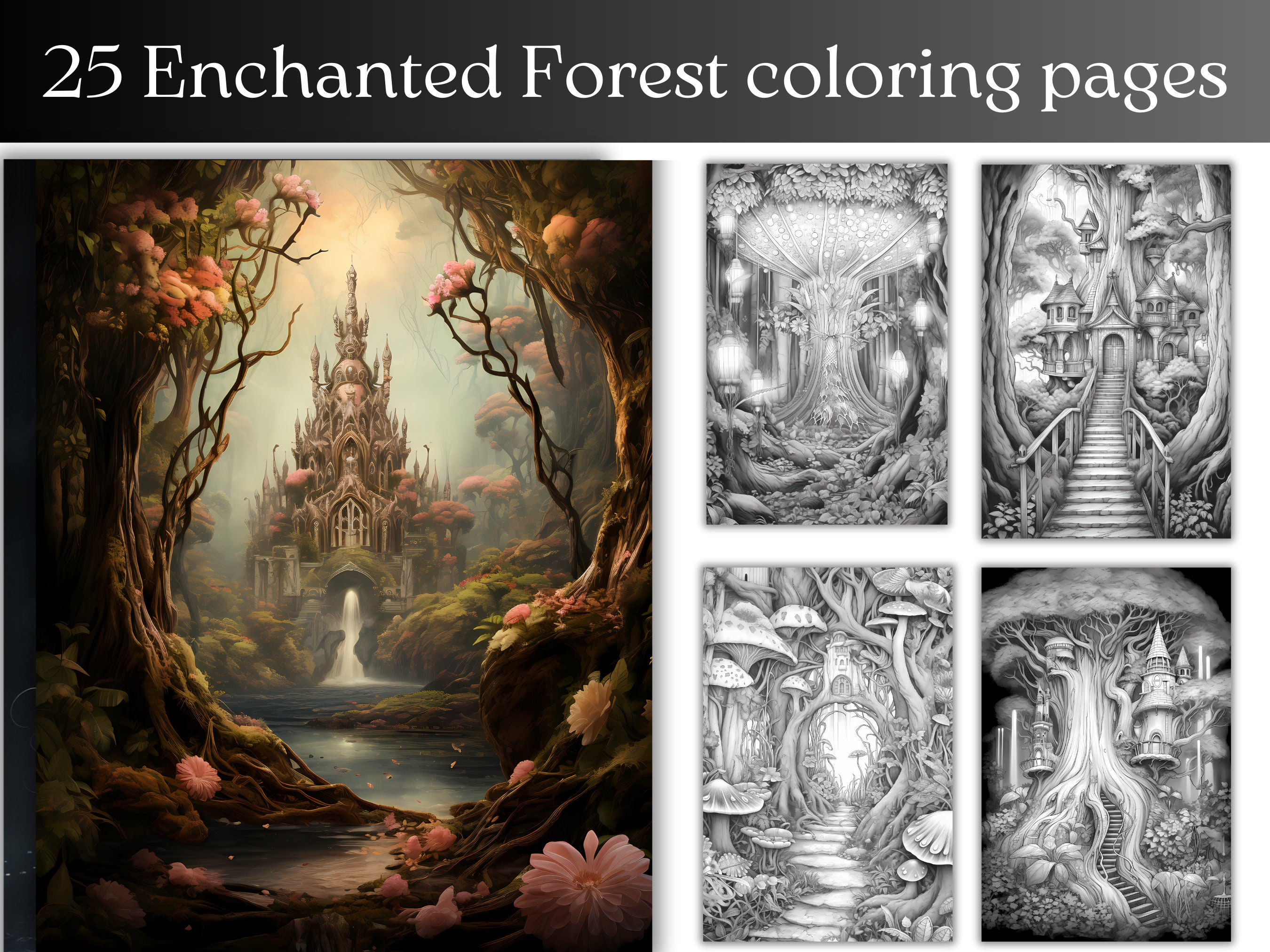 25 Enchanted Forest Greyscale Coloring Book for Adults and Kids ...