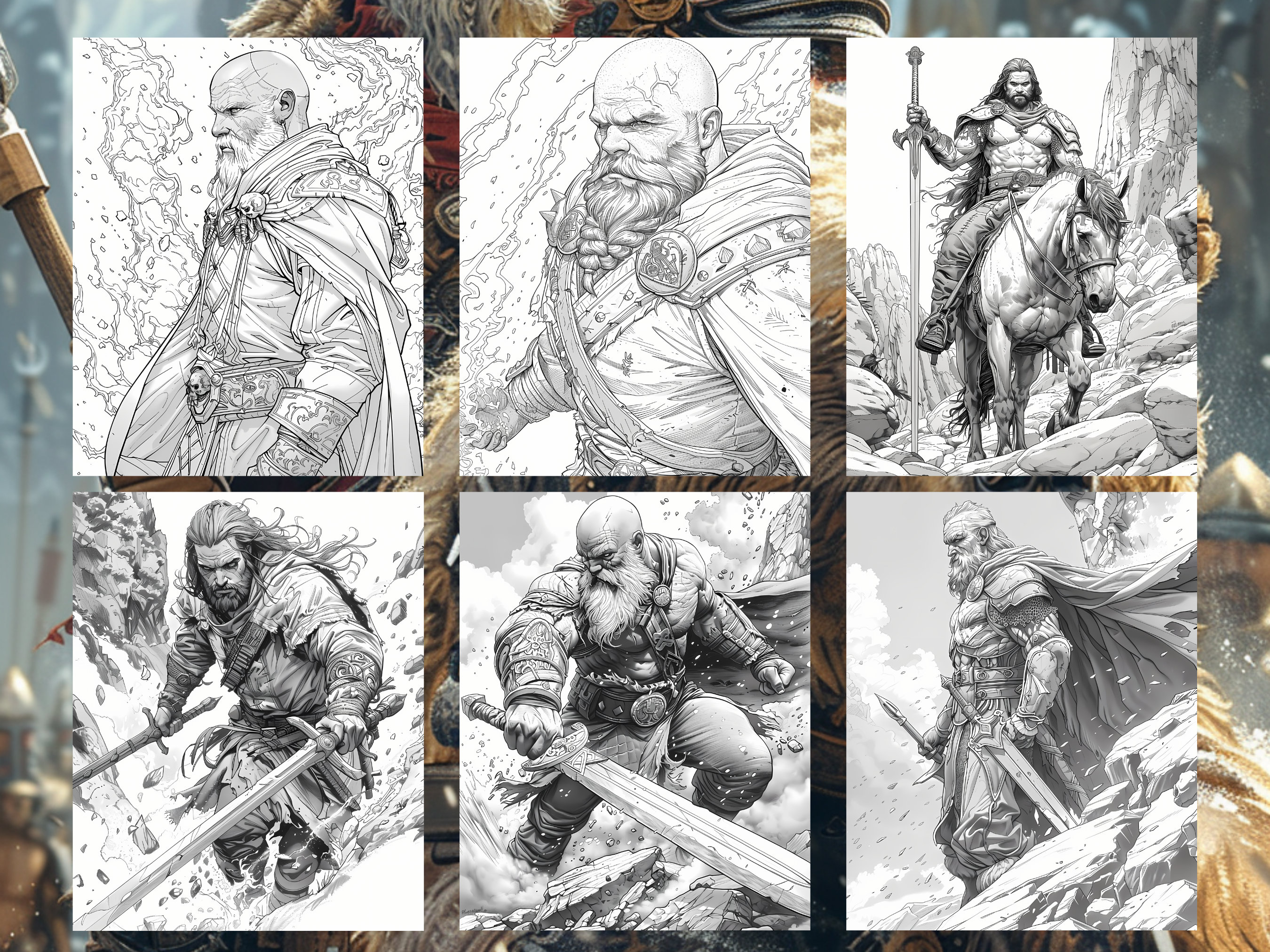 28 Barbarian Warriors Grayscale Coloring Pages for Adults and Kids RPG ...