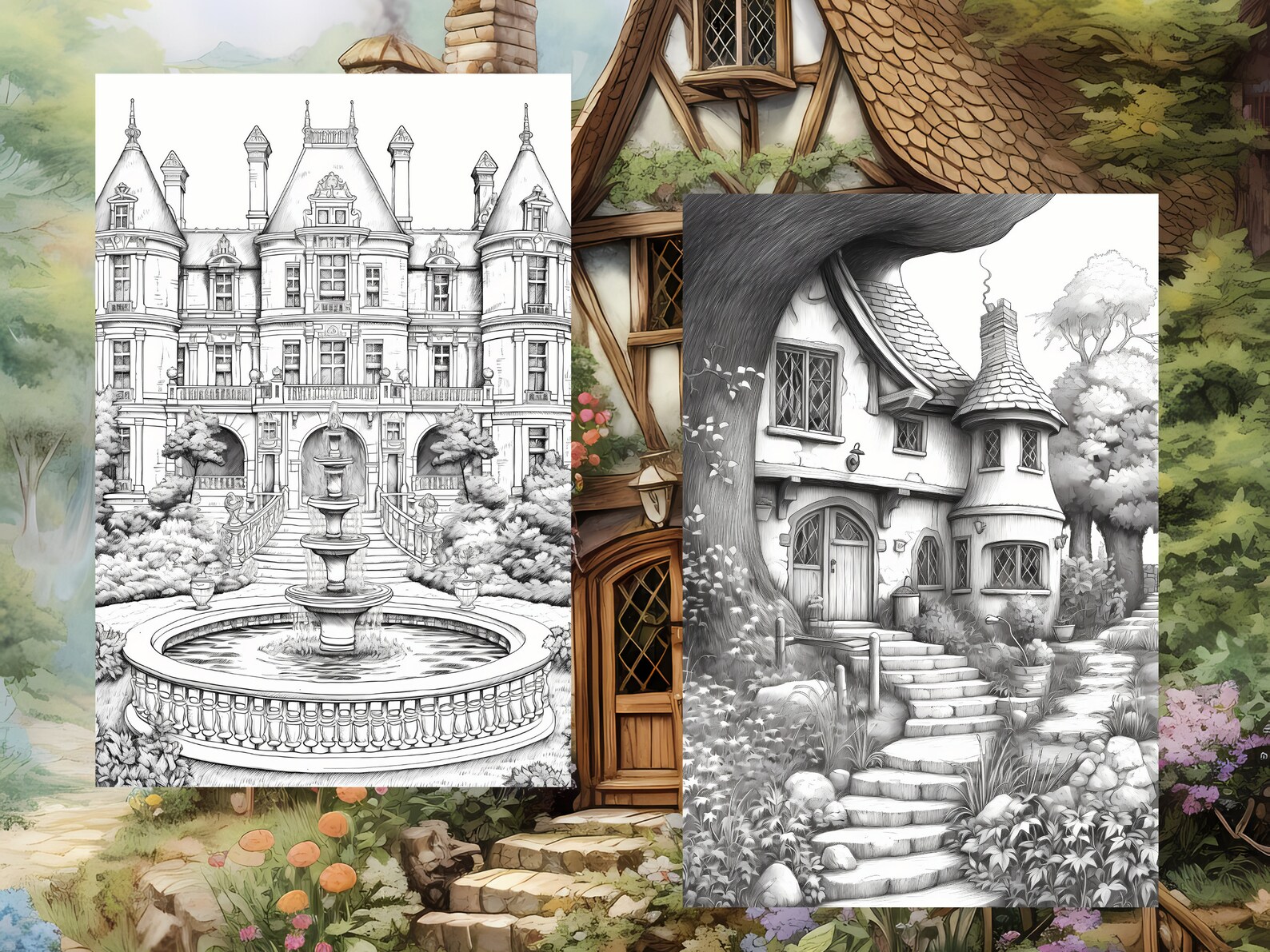 Cottage Gardens Grayscale Coloring Pages: 30 Printable Illustrations ...