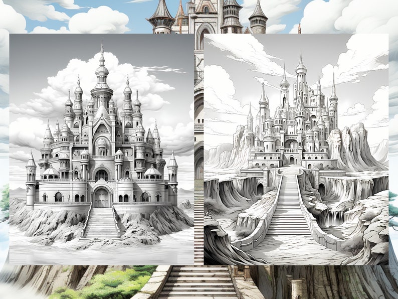 39 Fantasy Castle Coloring Pages: Grayscale Coloring Book (printable ...