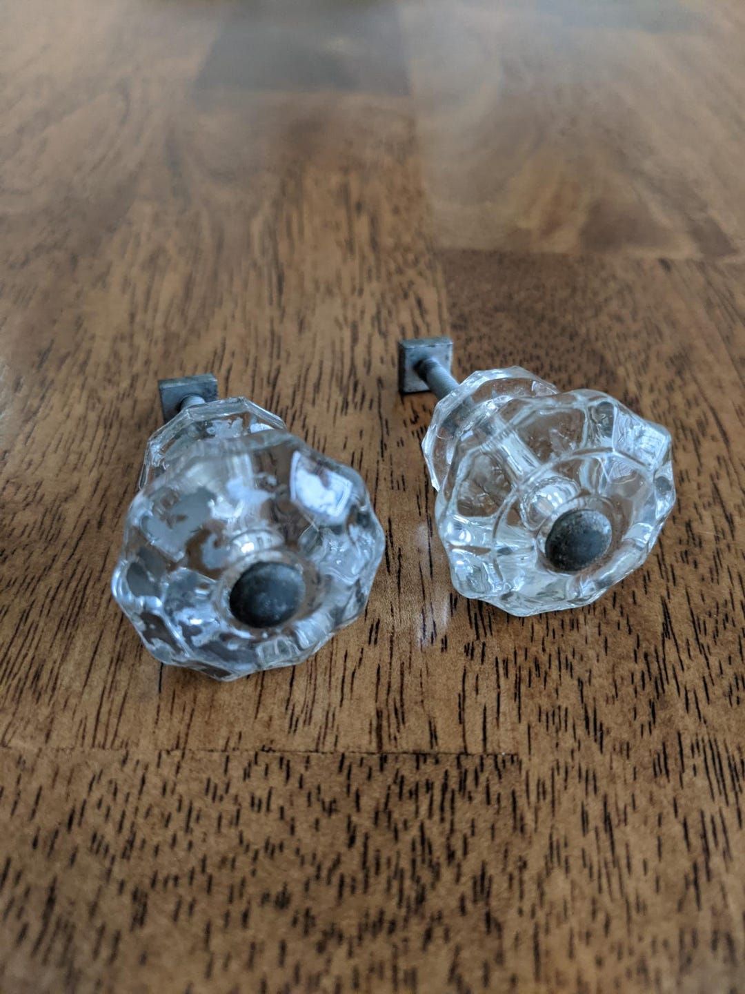 Set of 2 Glass Knobs, Vintage, Glass Decagon Knobs, Glass Cabinet Pulls, Glass Drawer Knobs ...