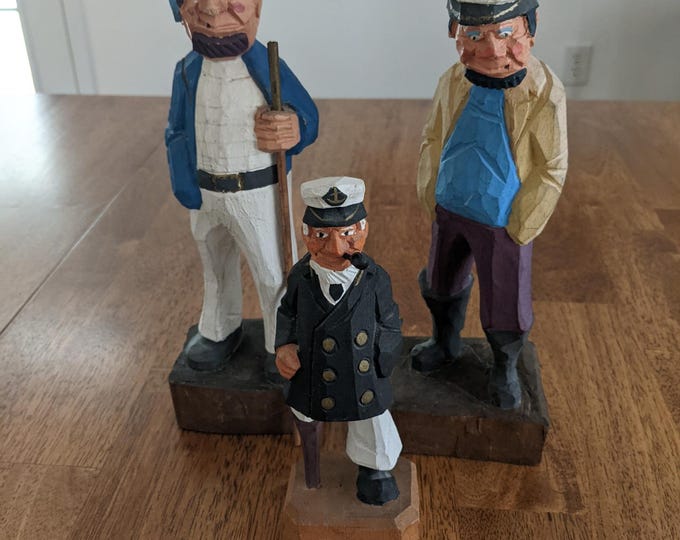 3 Hand Carved Wooden Captain and Sailors, Vintage, Folk Art Carved ...