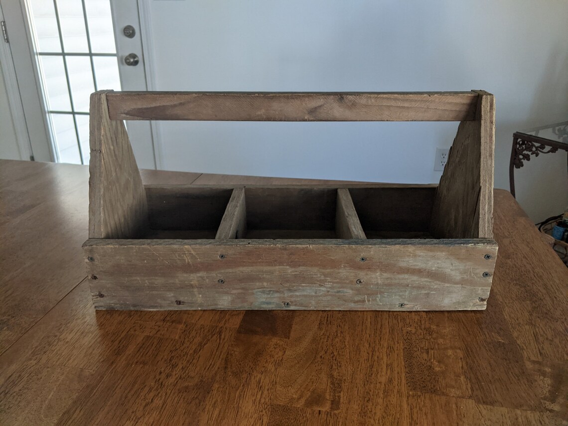 Wood Tool Tote, Vintage, Wood Tool Caddy, Divided Wood Carpenters Caddy, Rustic Tool Tote ...