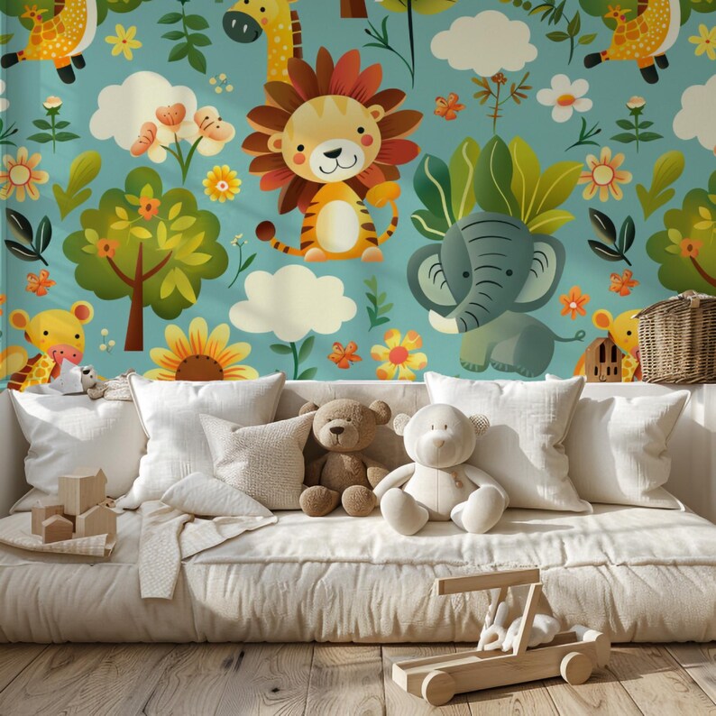 Cartoon Pattern Kids Room Wallpaper, Vintage Peel and Stick Wallpaper ...