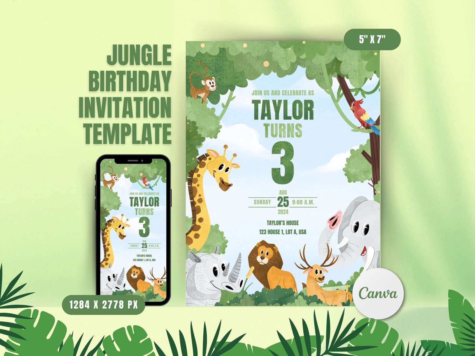Editable Jungle Safari Birthday Invitation Template Canva, Jungle Theme ...