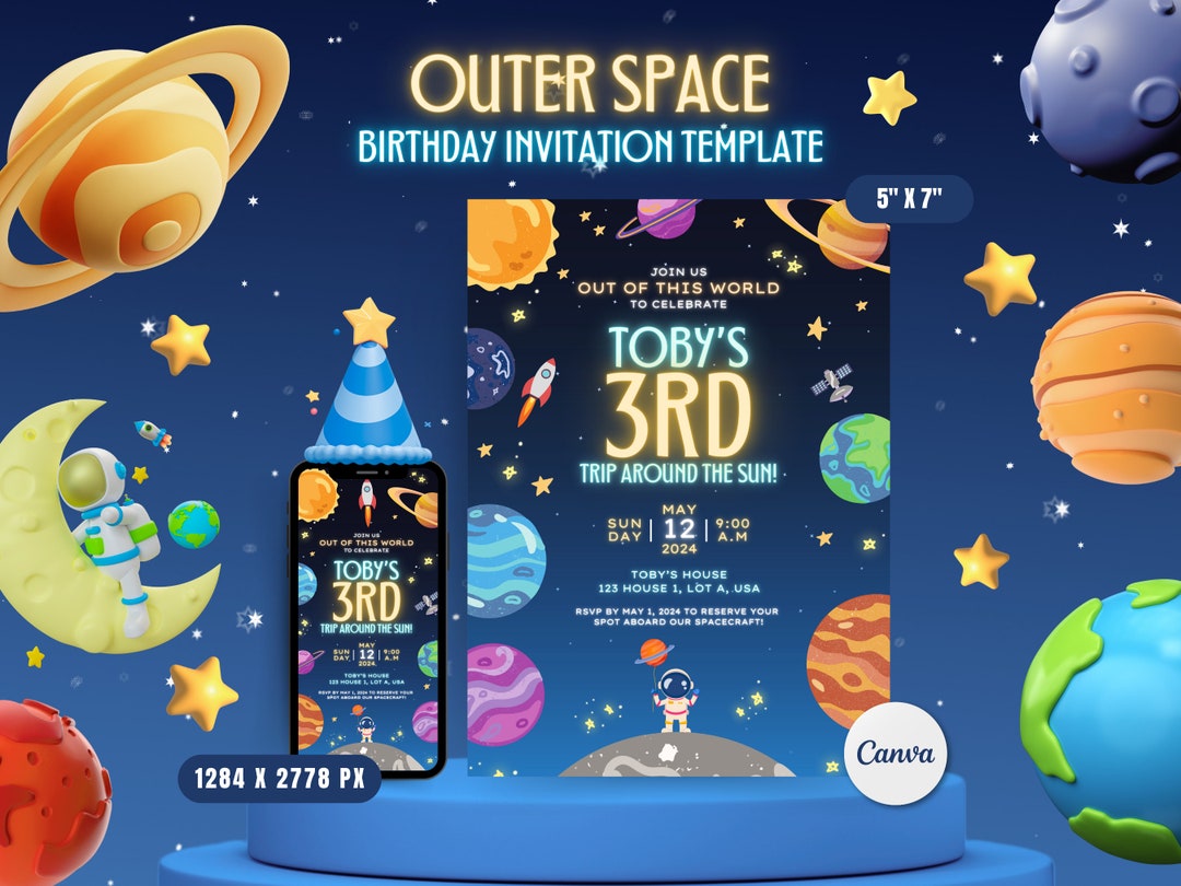 Editable Outer Space Birthday Invitation Template Canva, Spaceship ...
