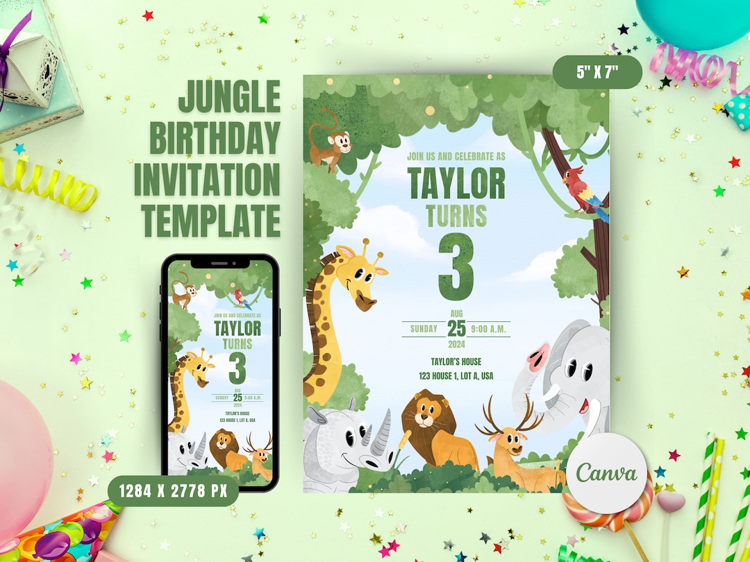 Editable Jungle Safari Birthday Invitation Template Canva, Jungle Theme ...