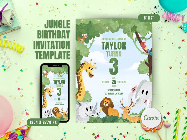 Editable Jungle Safari Birthday Invitation Template Canva, Jungle Theme ...