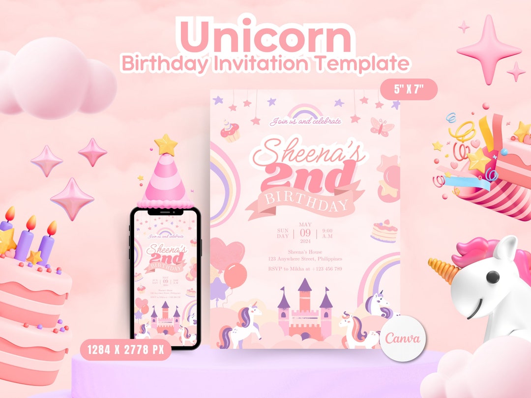 Editable Unicorn Birthday Invitation Template Canva Magical Girls ...
