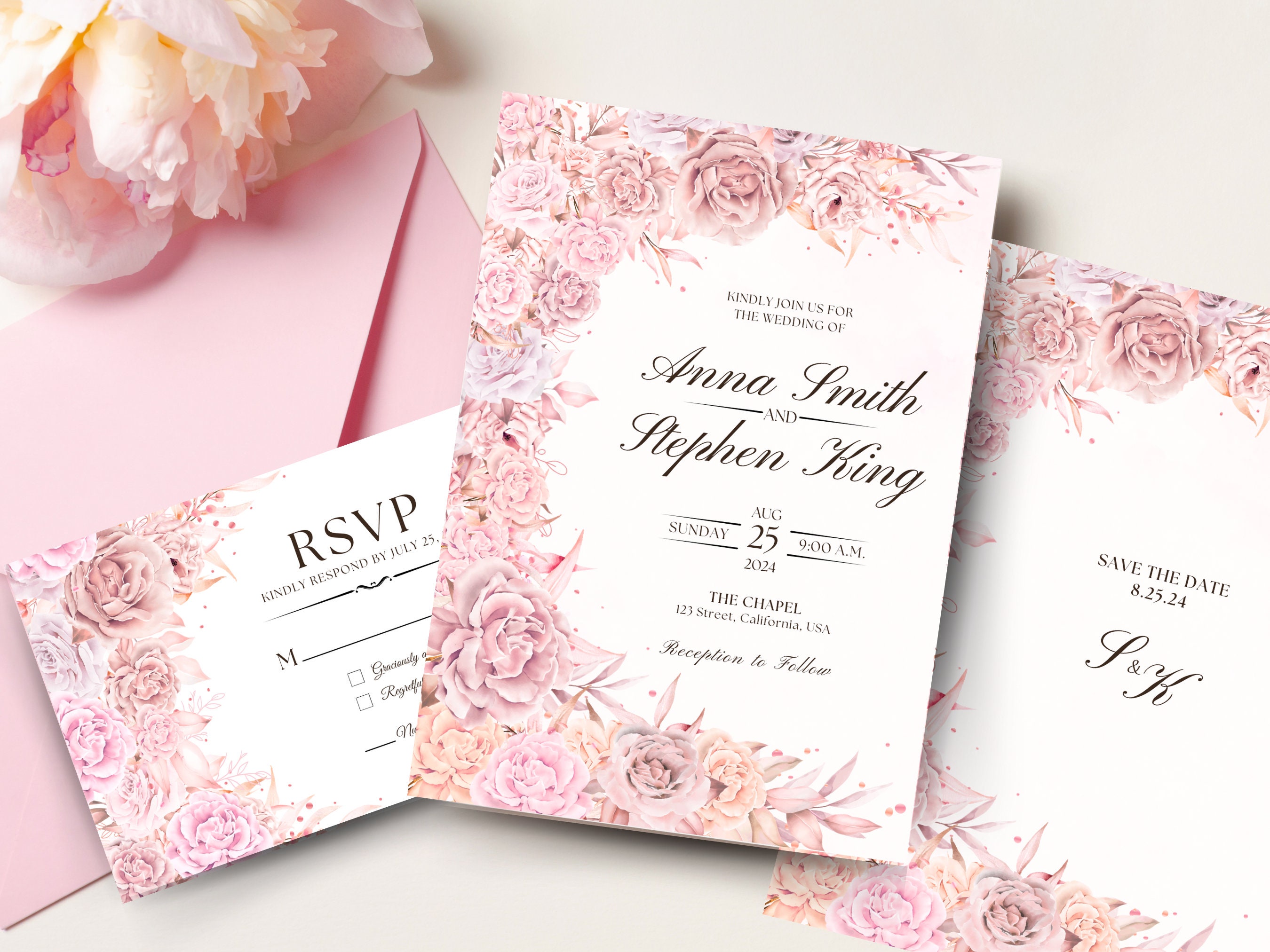 Floral Wedding Invitation Template Canva, Pink Floral Invitation ...