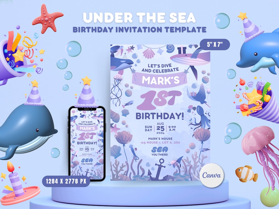 Editable Under the Sea Birthday Invitation Canva Template, Ocean Sea ...