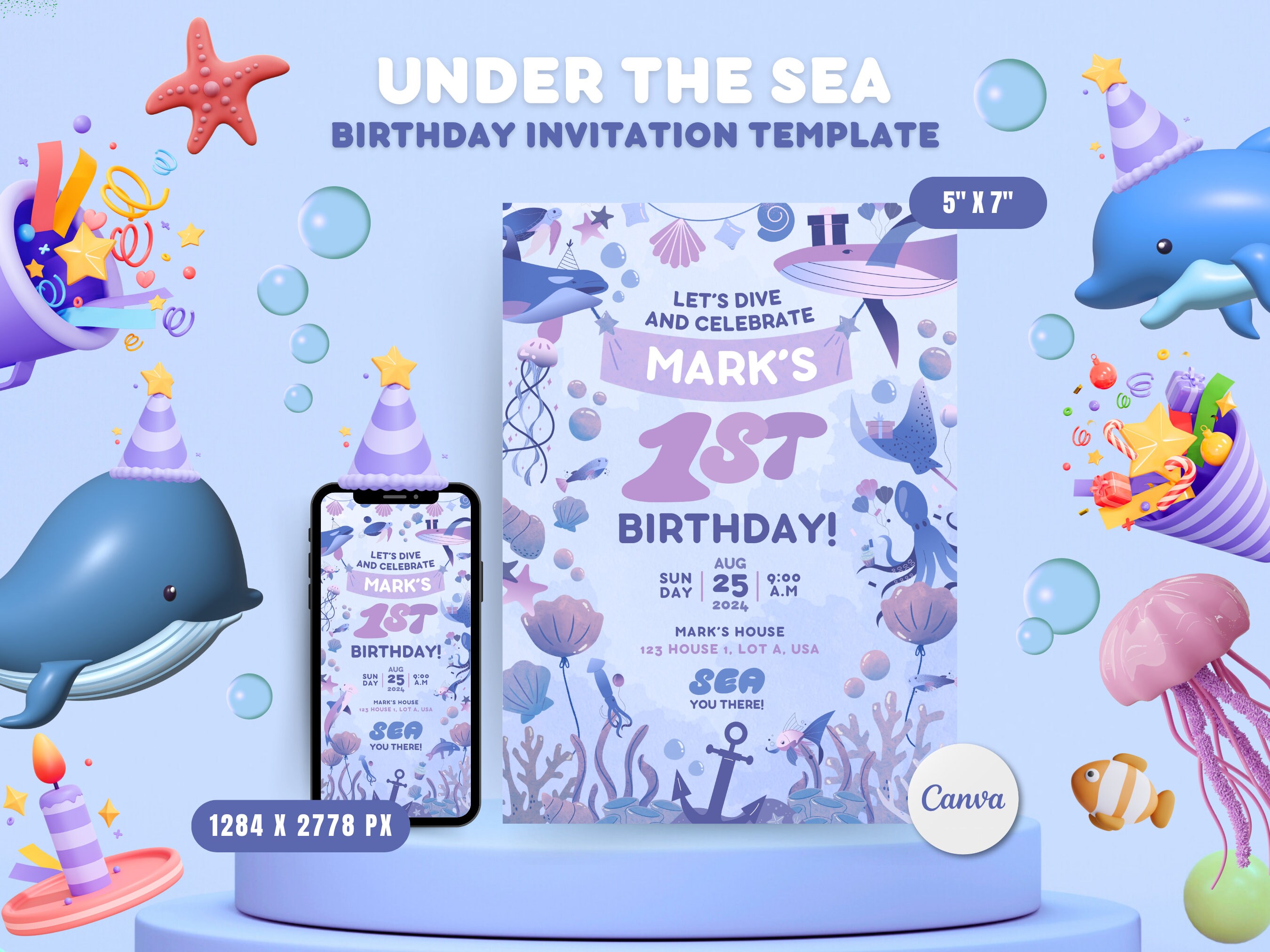 Editable Under the Sea Birthday Invitation Canva Template, Ocean Sea ...