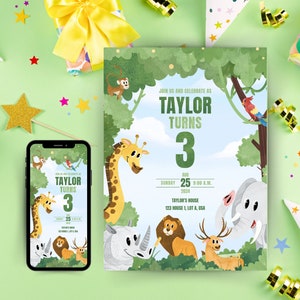 Editable Jungle Safari Birthday Invitation Template Canva, Jungle Theme ...