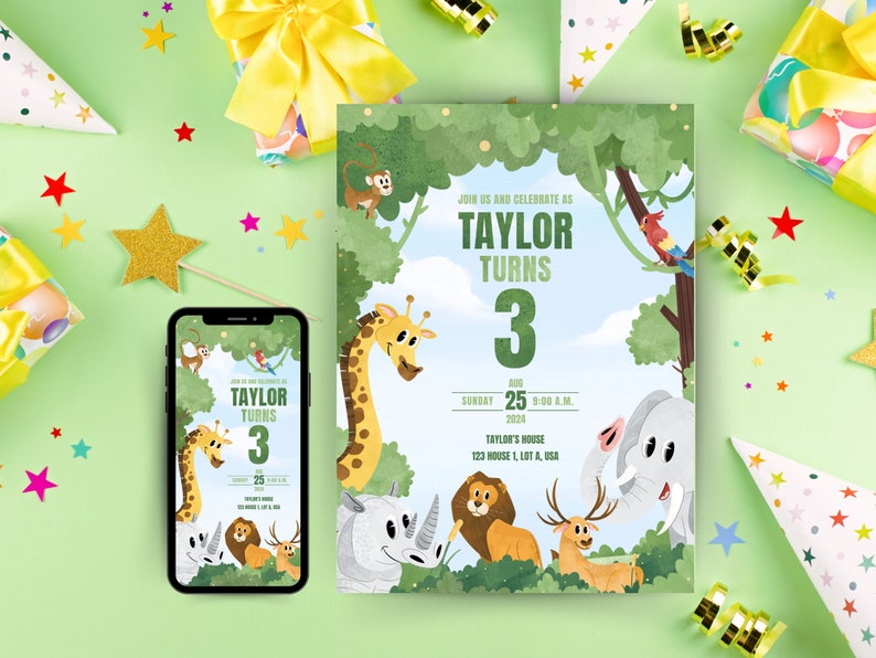 Editable Jungle Safari Birthday Invitation Template Canva, Jungle Theme ...