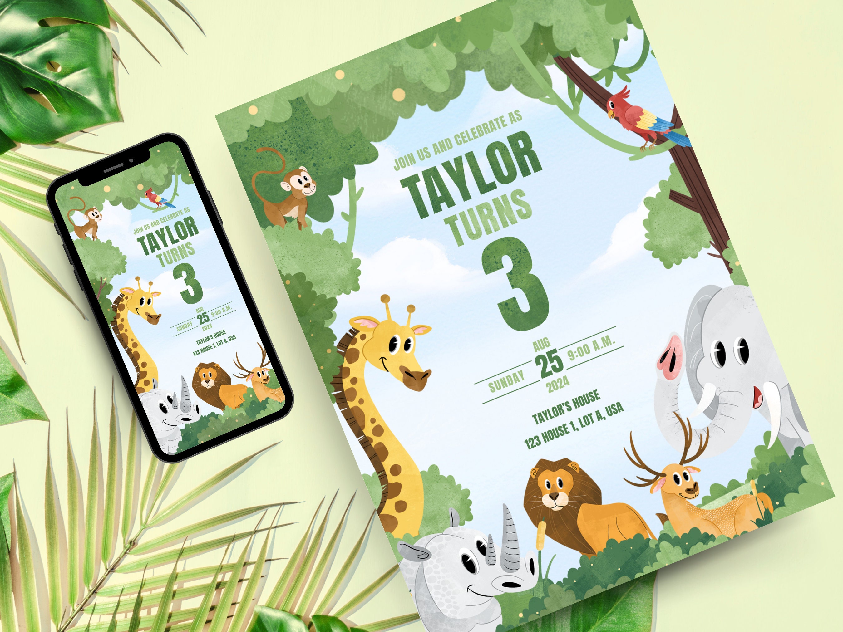 Editable Jungle Safari Birthday Invitation Template Canva, Jungle Theme ...