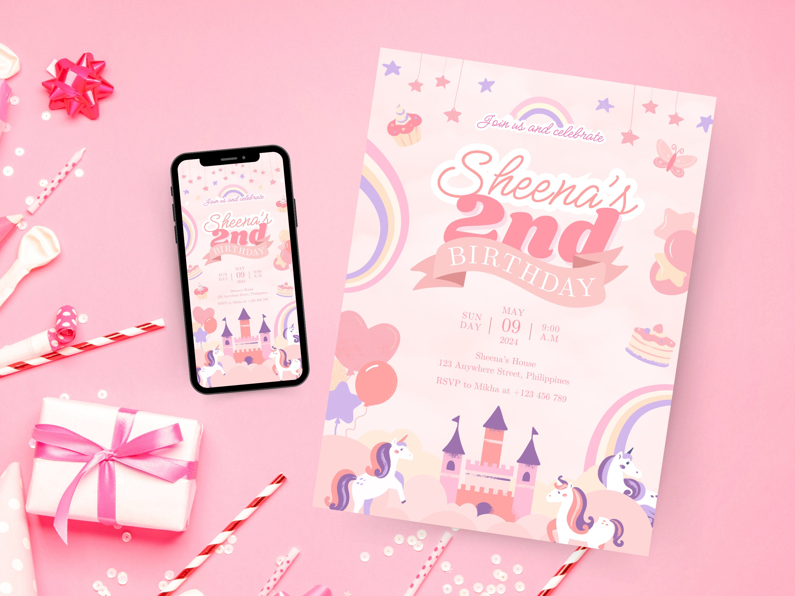 Editable Unicorn Birthday Invitation Template Canva Magical Girls ...