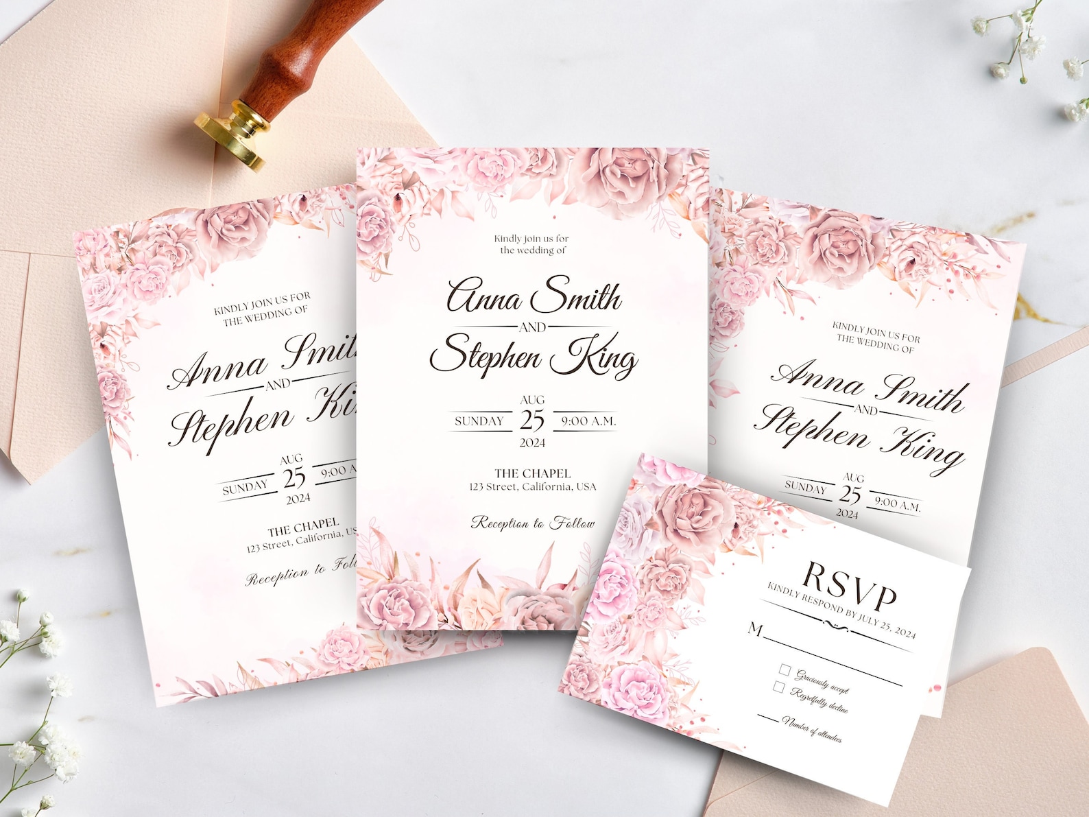 Floral Wedding Invitation Template Canva, Pink Floral Invitation ...