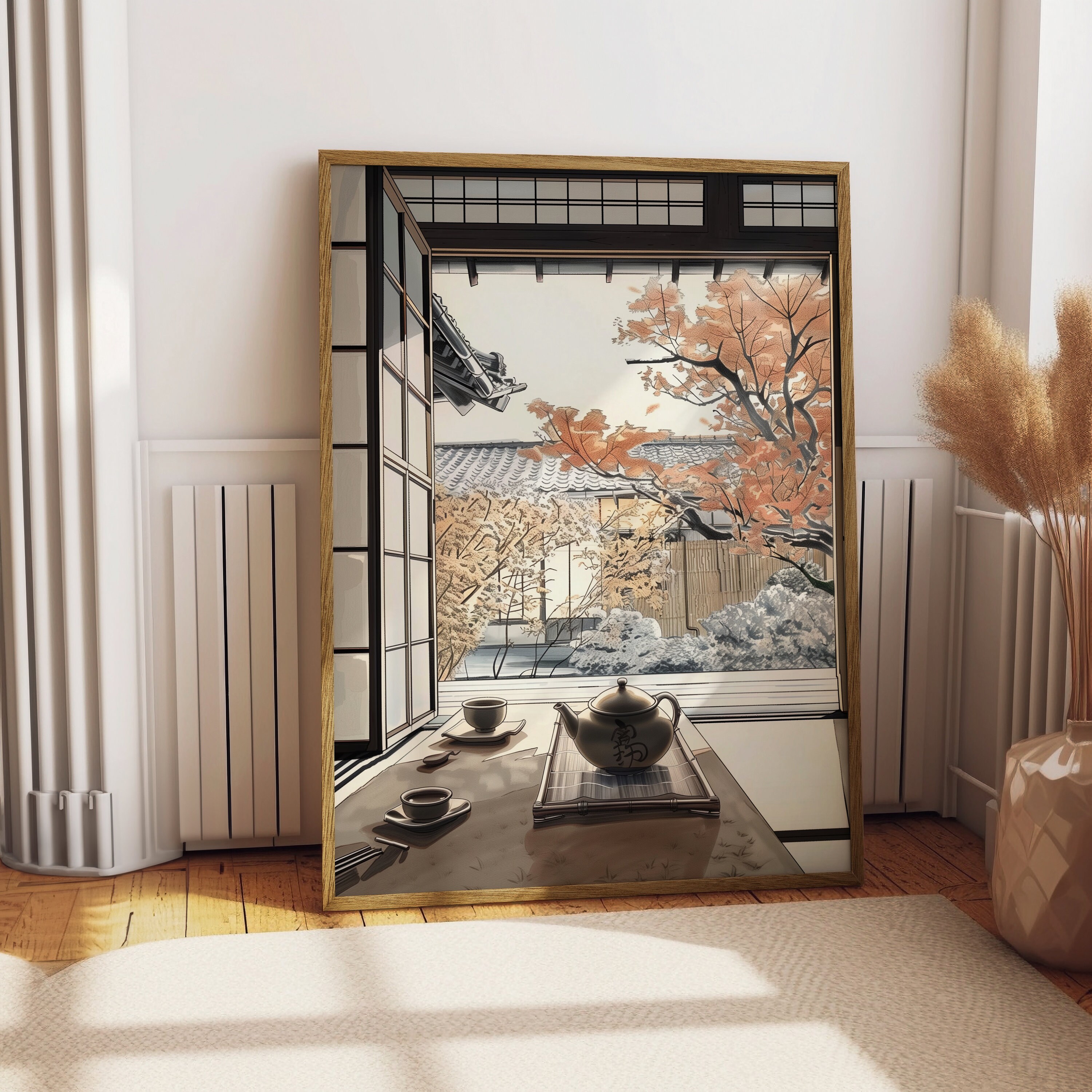 Japandi Room View Drawing, Japanese Garden Sketch, Wabi Sabi Neutral ...