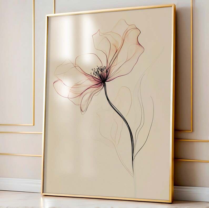 Minimalist Flower Line Art Print, Beige Floral Illustration (digital ...
