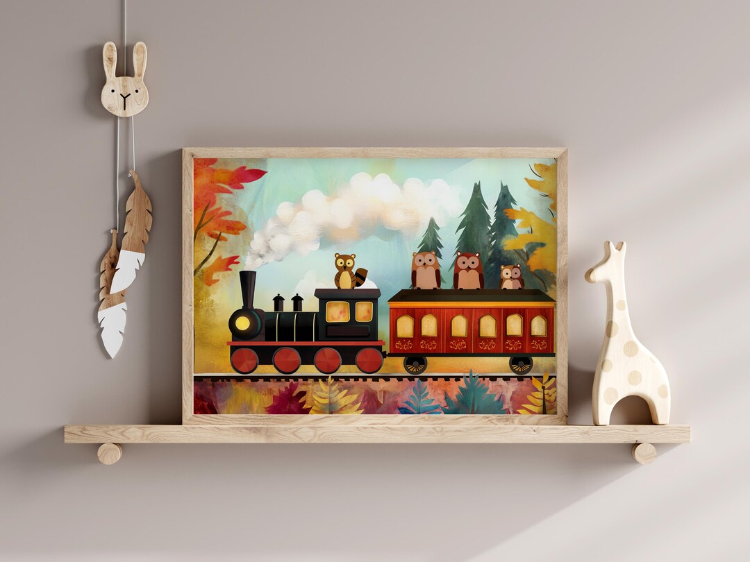 Colorful Woodland Train Nursery Wall Art, Gender Neutral Train Print ...