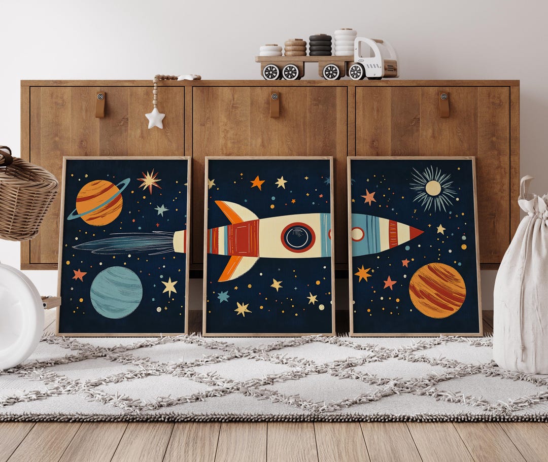 Space Rocket Wall Art Set of 3, Retro Rocket Print, Kids Room Space ...