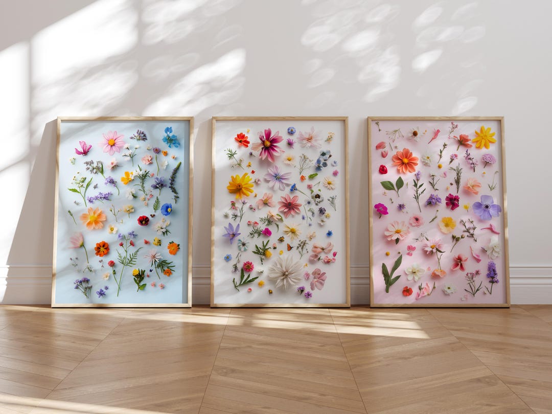 Pressed Flowers Wall Art Set of 3, Colorful Botanical Prints, Modern ...