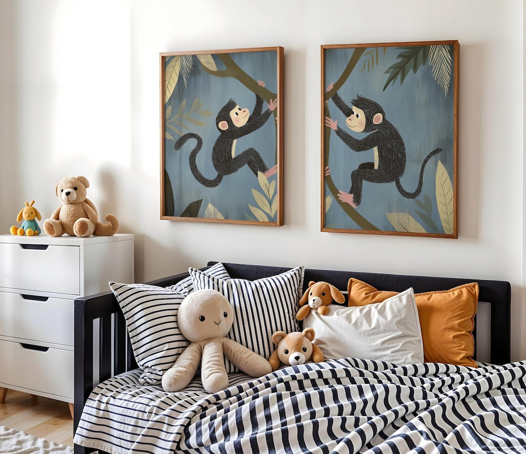 Climbing Monkeys Nursery Prints Set of 2, Safari Monkey Kids Room Decor ...