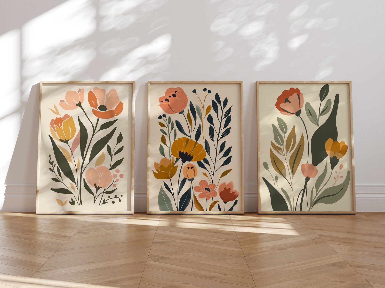 Flowers Boho Abstract Print Set of 3, Floral Wall Art, Boho Art Print ...