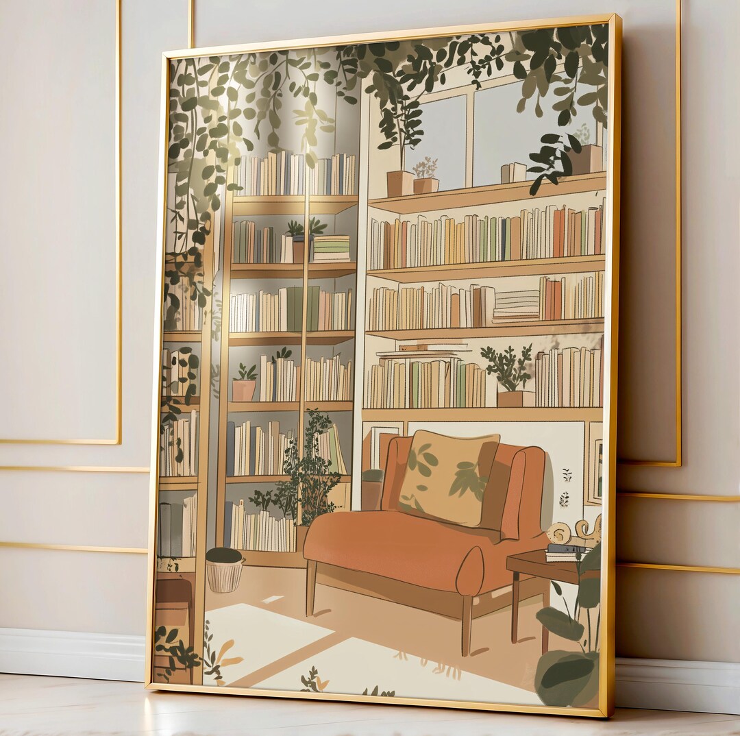 Retro Library Poster, Pastel Books Reading Print, Book Lovers Reading ...