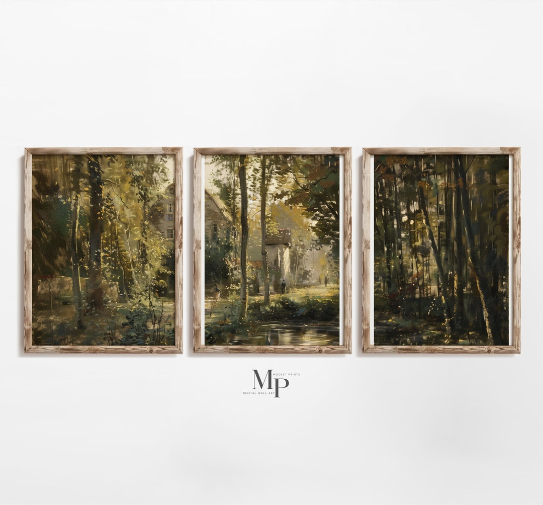 Classic Forest Stream Landscape Print, Panorama Set of 3, Country Oil ...